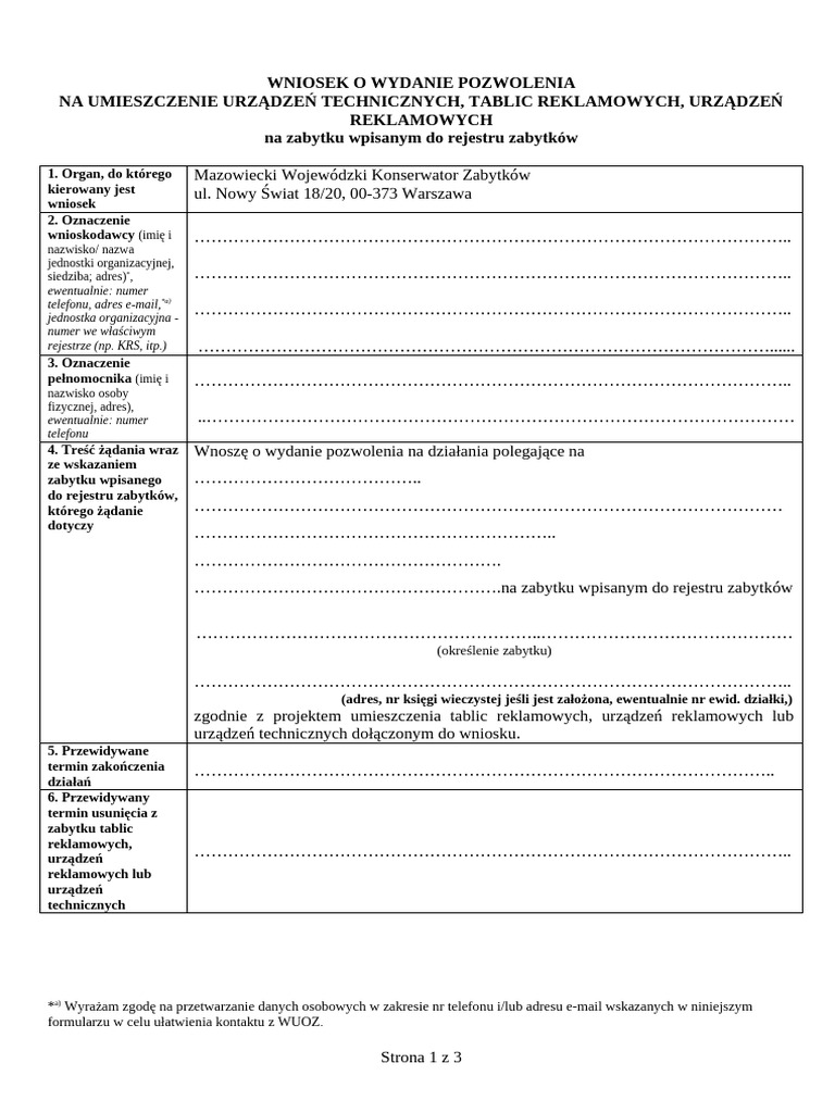 Wniosek o Wydanie Pozwolenia Na Umieszczenie Na Zabytku Reklam Urzadzen Technicznych | PDF