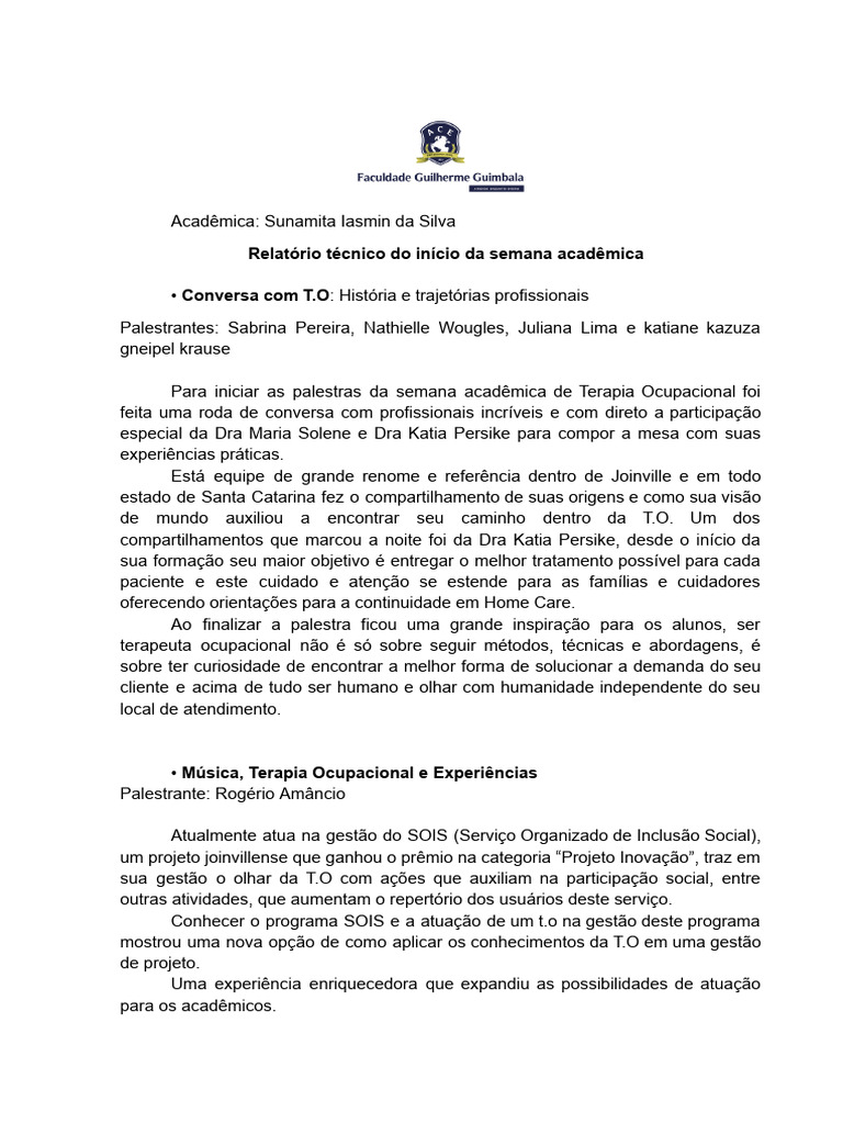 Relatório Da Semana Acadêmica | PDF | Tempo