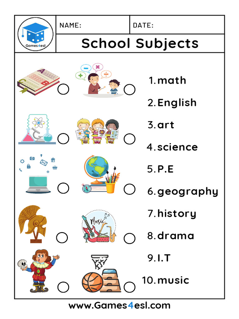 School Subjects Worksheet 1 | PDF