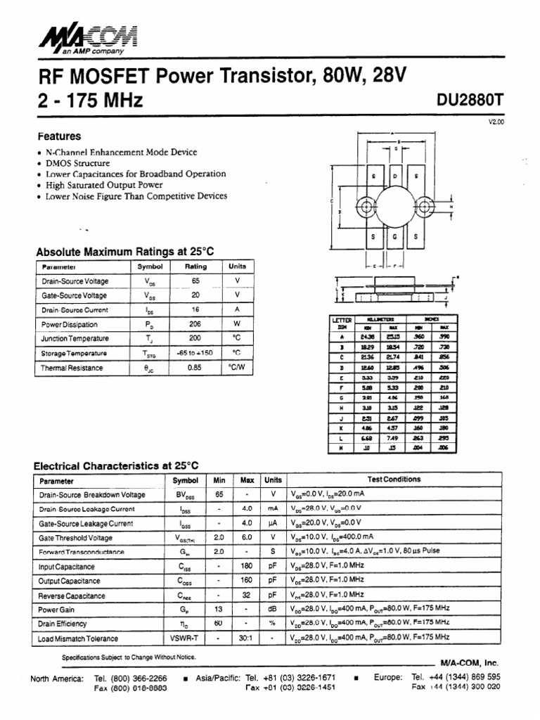 DU2880T_RF Mosfet (Macom) | PDF | Mosfet | Field Effect Transistor
