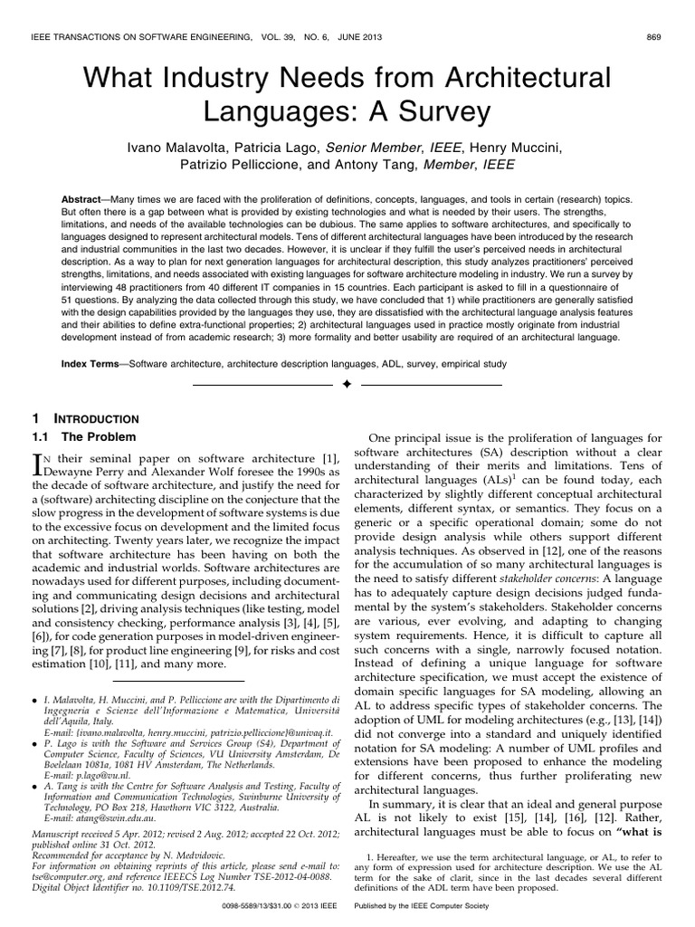 What Industry Needs From Architectural Languages A Survey | PDF ...