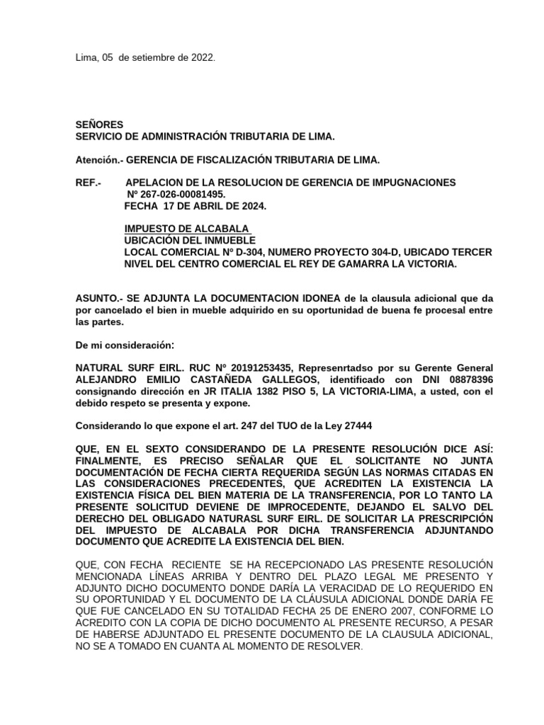 Apelación Impuesto Alcabala Lima 2024 | PDF | Justicia | Crimen y violencia