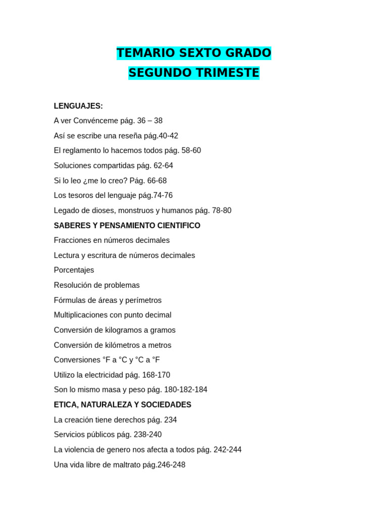 TEMARIO SEXTO GRADO | PDF