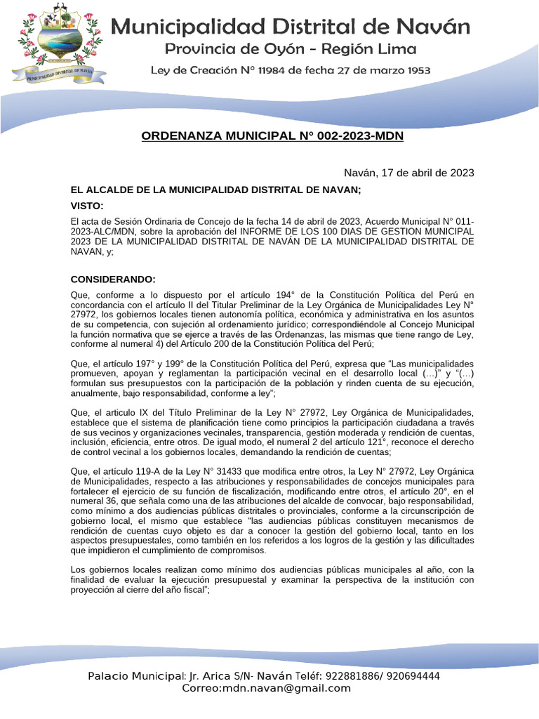 002-2023 Ordenanza Municipal | PDF | Gobierno local | Responsabilidad