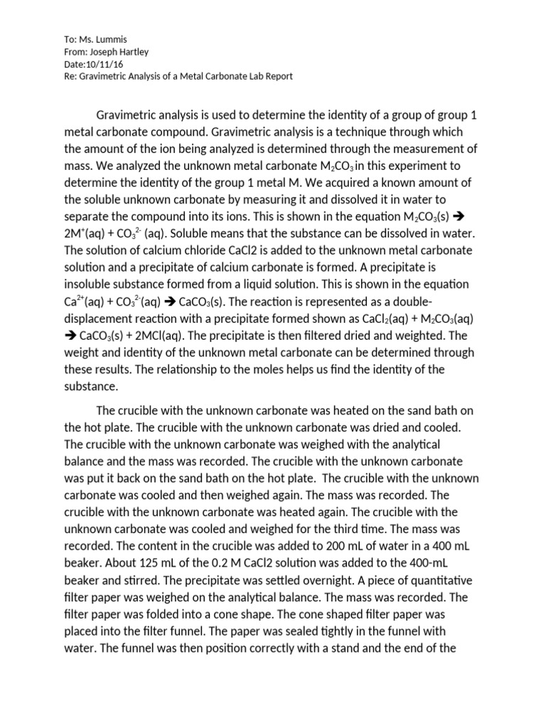 Gravimetric Lab Report Example JH | PDF | Mole (Unit) | Analytical ...