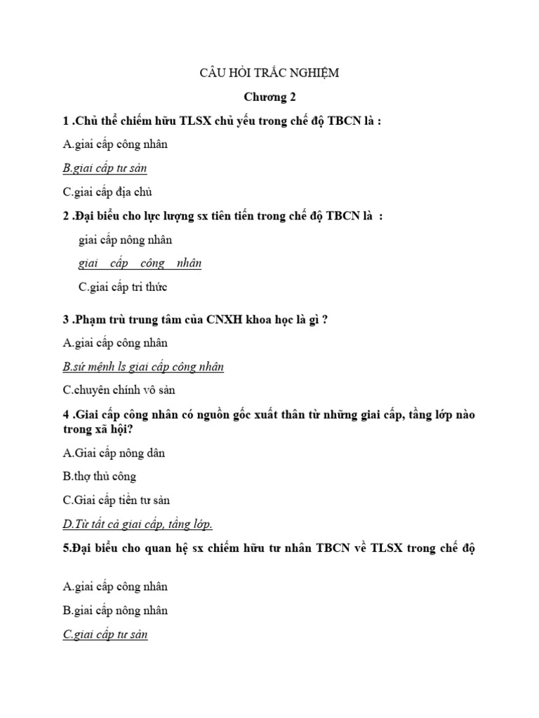 Cau Hoi Trac Nghiem Chuong 2 On Tap Mon Chu Nghia Xa Hoi Khoa Hoc Hoc 155011 | PDF