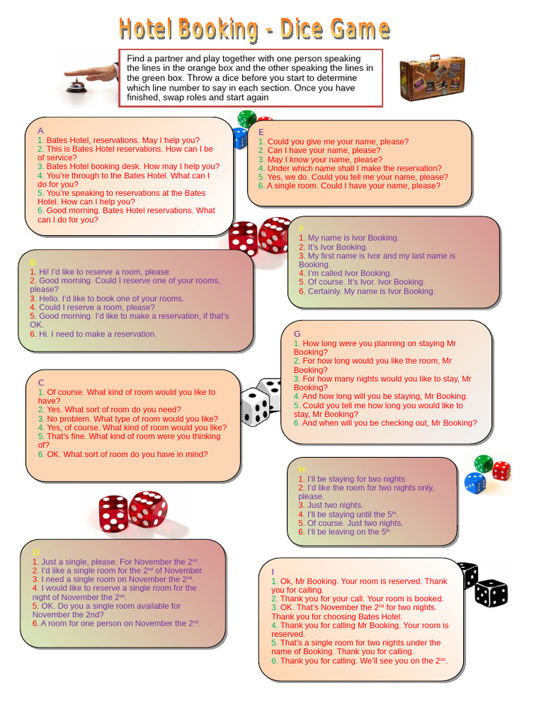 Hotel Booking Dice Game CLT Communicative Language Teaching Resources ...