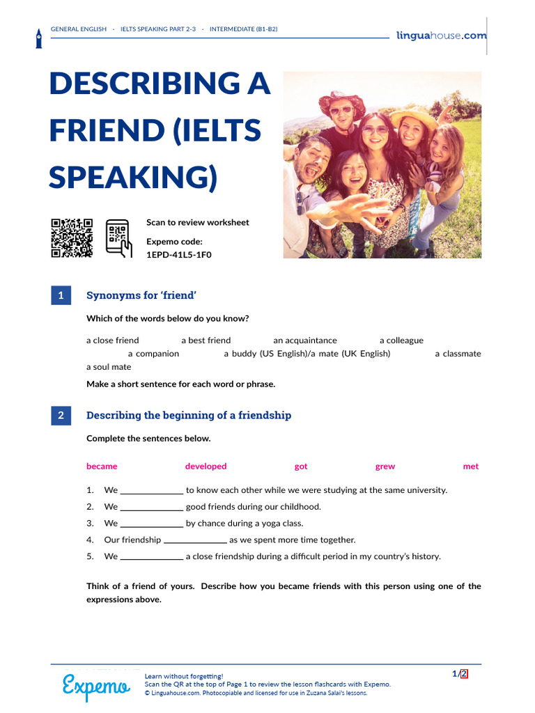 Describing A Friend Ielts Speaking British English Student B1 B2 | PDF | Linguistics