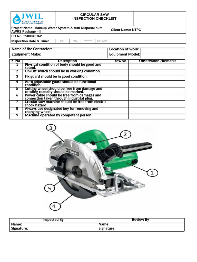 Circular saw Inspection Checklist | PDF
