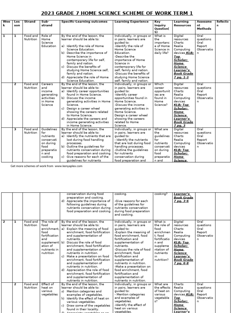 Grade 7 Home Science Term 1 Plan | PDF | Kitchen Utensil | Grilling