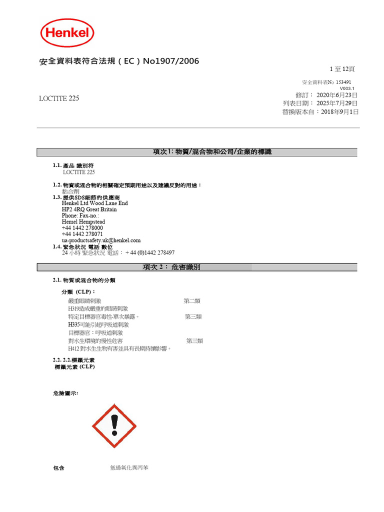 LOCTITE 225 中文 - SDS | PDF