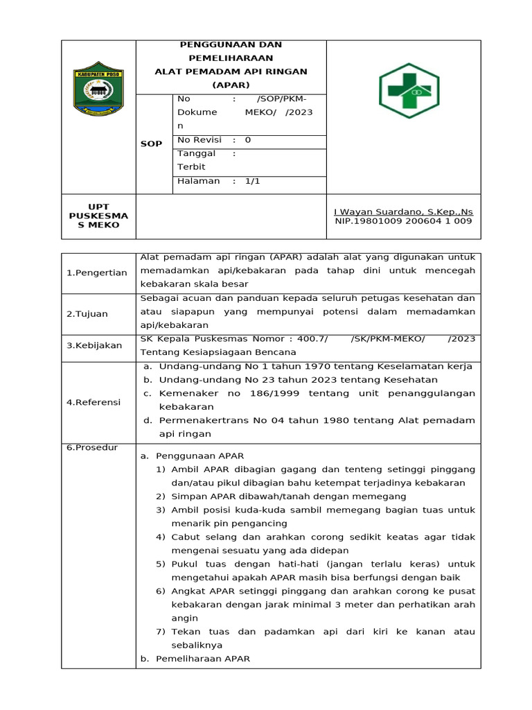 SOP Penggunaan Dan Perawatan APAR | PDF