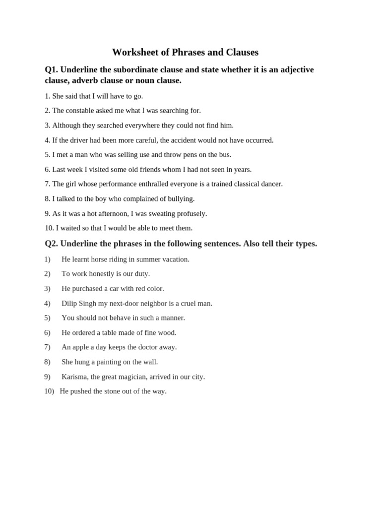 Worksheet of Phrases and Clauses | PDF