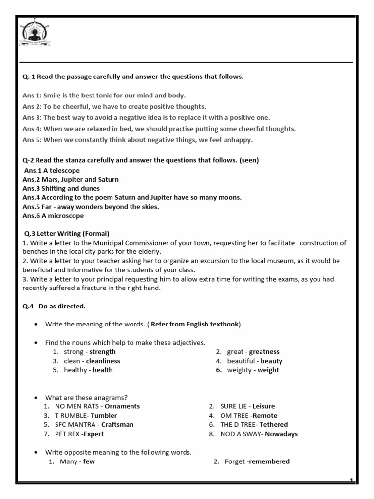 CBSE Std IV English Revision Worksheet | PDF