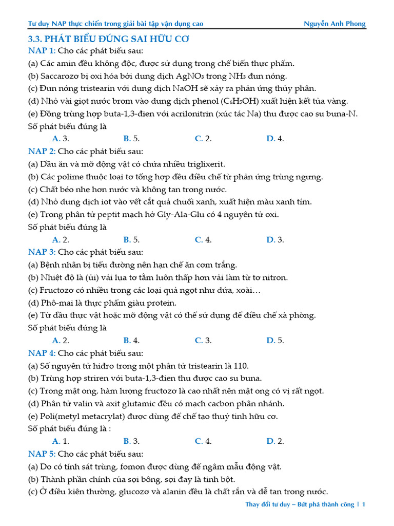 3.3. Phát Biểu Đúng Sai Hữu Cơ: Tư duy NAP thực chiến trong giải bài tập vận dụng cao Nguyễn Anh ...