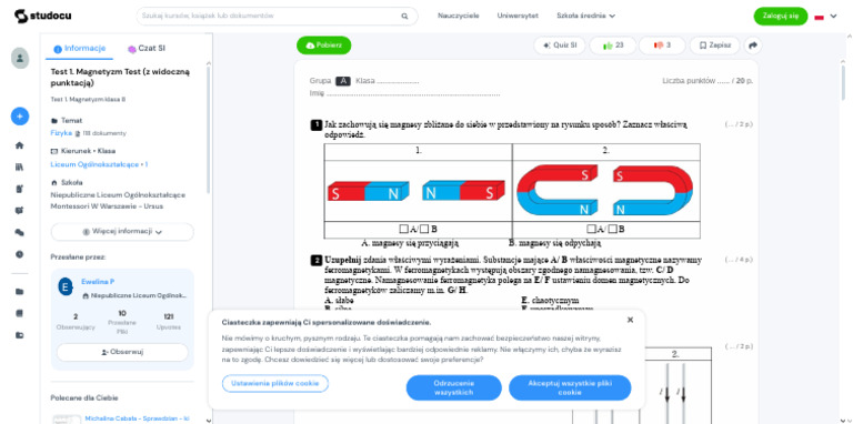 Test 1. Magnetyzm Test (Z Widoczną Punktacją) - Grupa A - Strona 1 Z 2 ...