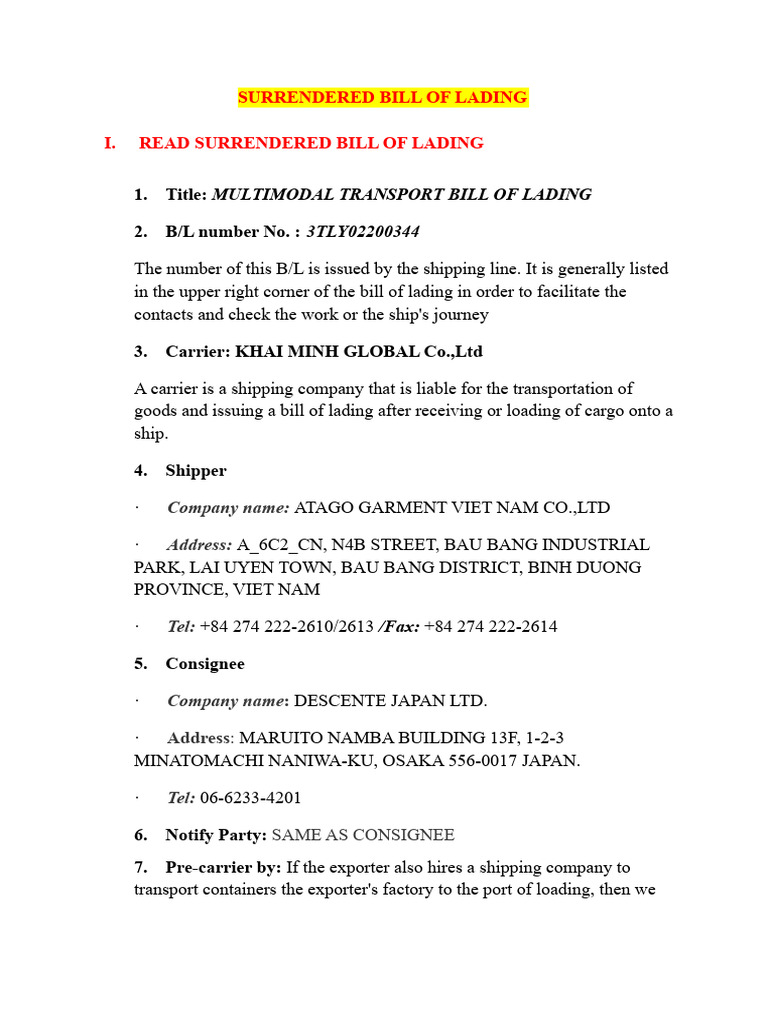 Surrendered Bill of Lading Process | PDF | Bill Of Lading | Cargo