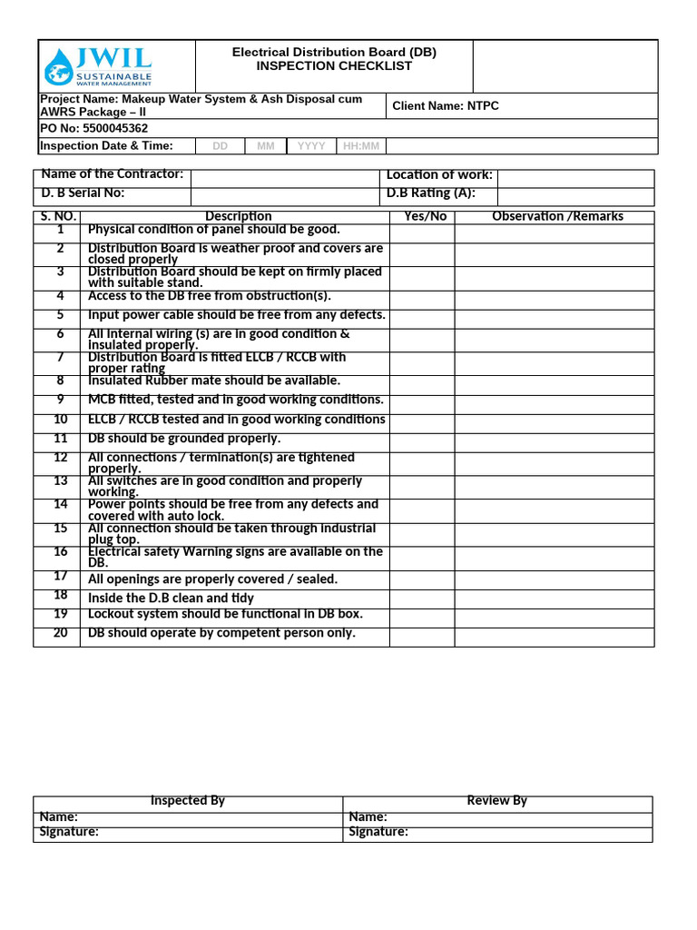 Electrical Distribution Box (DB) Inspection Checklist | PDF