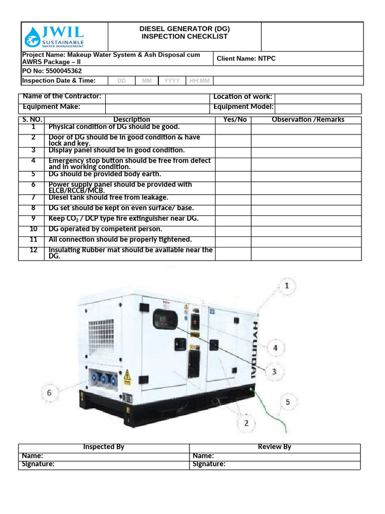Diesel Generator (DG) Inspection Checklist | PDF