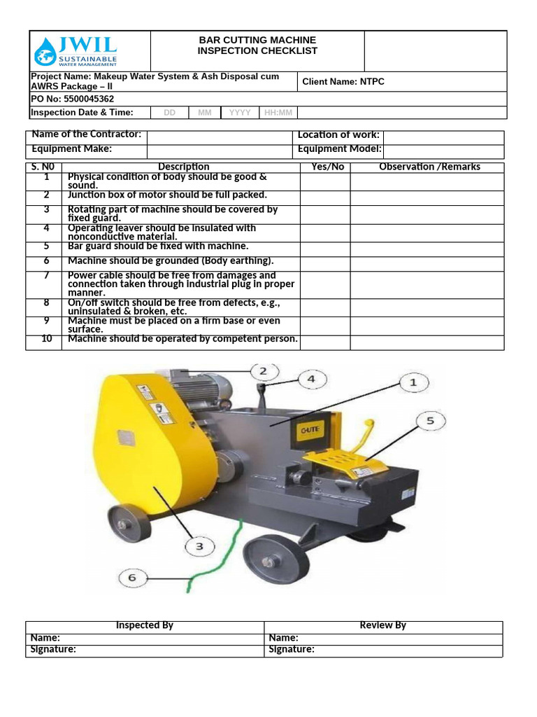 Bar Cutting Machine Inspection Checklist | PDF