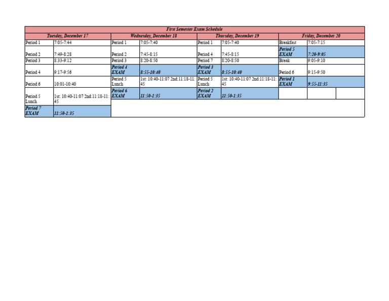 24-25 First Semester Exam Schedule - Sheet1 | PDF