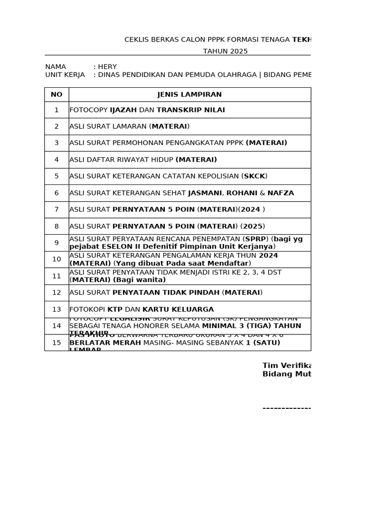 Ceklis Teknis Kelengkapan Berkas P3K Tahun 2025 | PDF