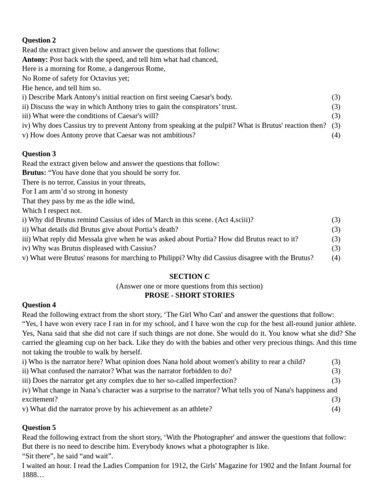 Grade X - English 2 Question Paper for Practice | PDF | Mark Antony