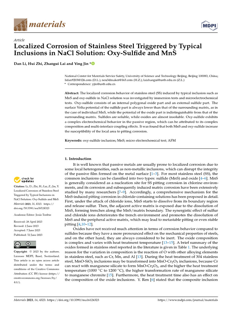 Localized Corrosion of Stainless Steel Triggered by Typical 1liop355 ...