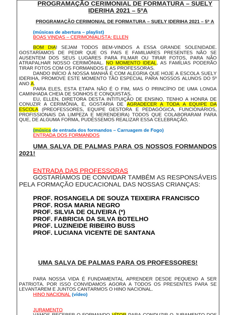 CERIMONIAL DE FORMATURA 5ºA e B 2021 (1) | PDF