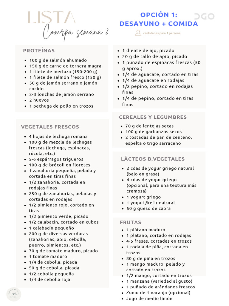 Lista-Compra-S2 Opcion-1 Desayuno-Comida DGO | PDF | Vegetales | Aceite ...