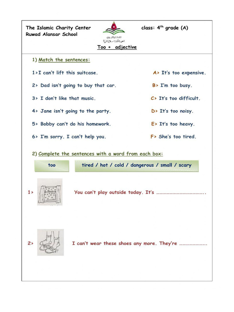 Too+adjective Exercise | PDF