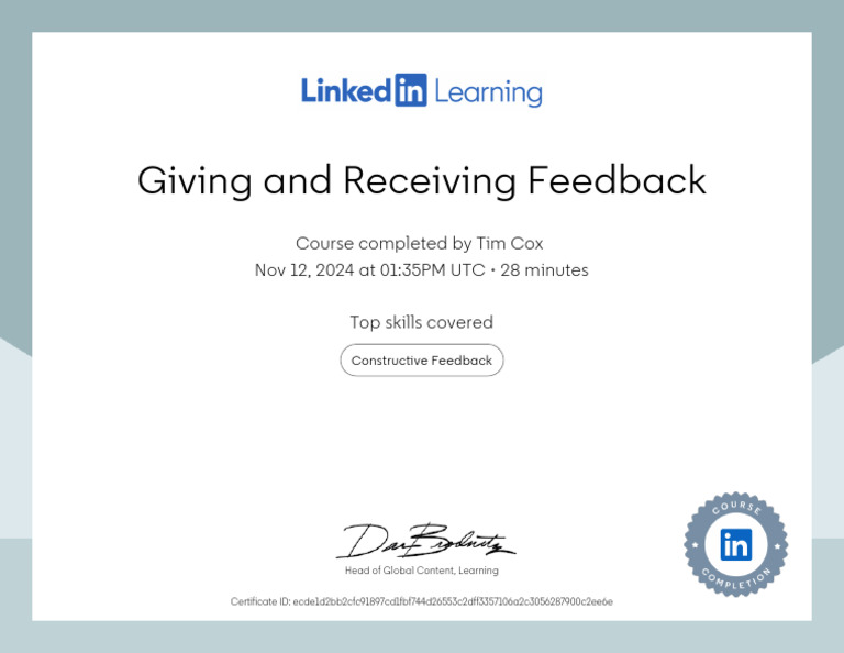 CertificateOfCompletion - Giving and Receiving Feedback | PDF