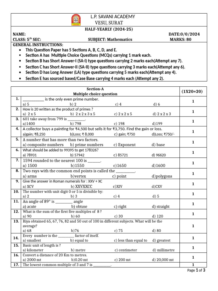 Half Yearly Maths Paper Class 5 | PDF | Elementary Mathematics ...