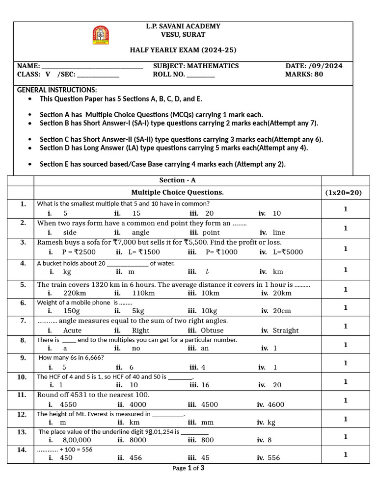 HALF YEARLY MATHS SET - 1.docx Shivani | PDF