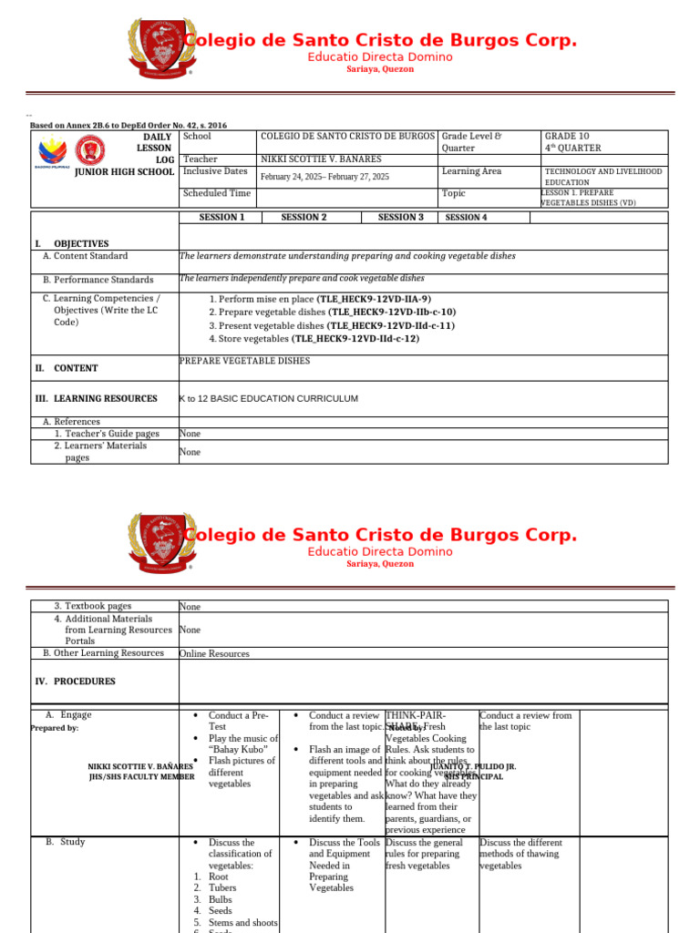 Grade 10 TLE Daily Lesson Log | PDF | Vegetables | Teaching