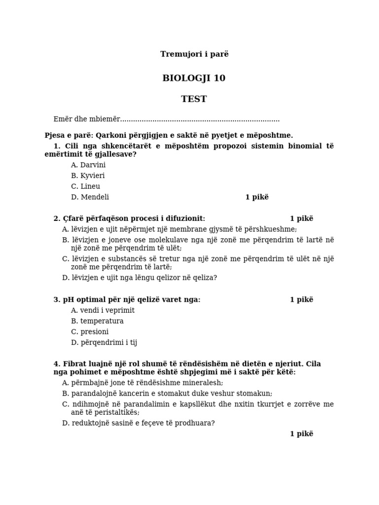 Test Tremujori I Pare Biologji 10 | PDF