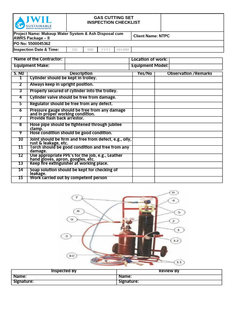 Gas cutting set Inspection Checklist | PDF