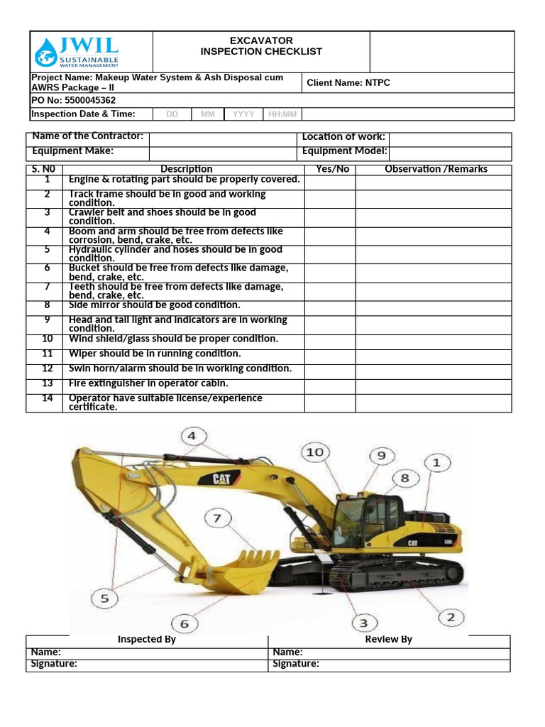 Excavator Inspection Checklist | PDF