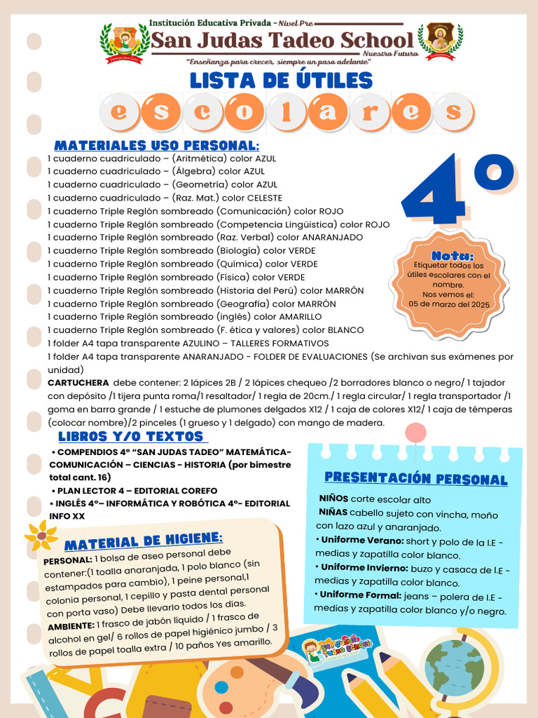 Lista de Materiales 4to Grado | PDF | Color | Tecnicas artisticas