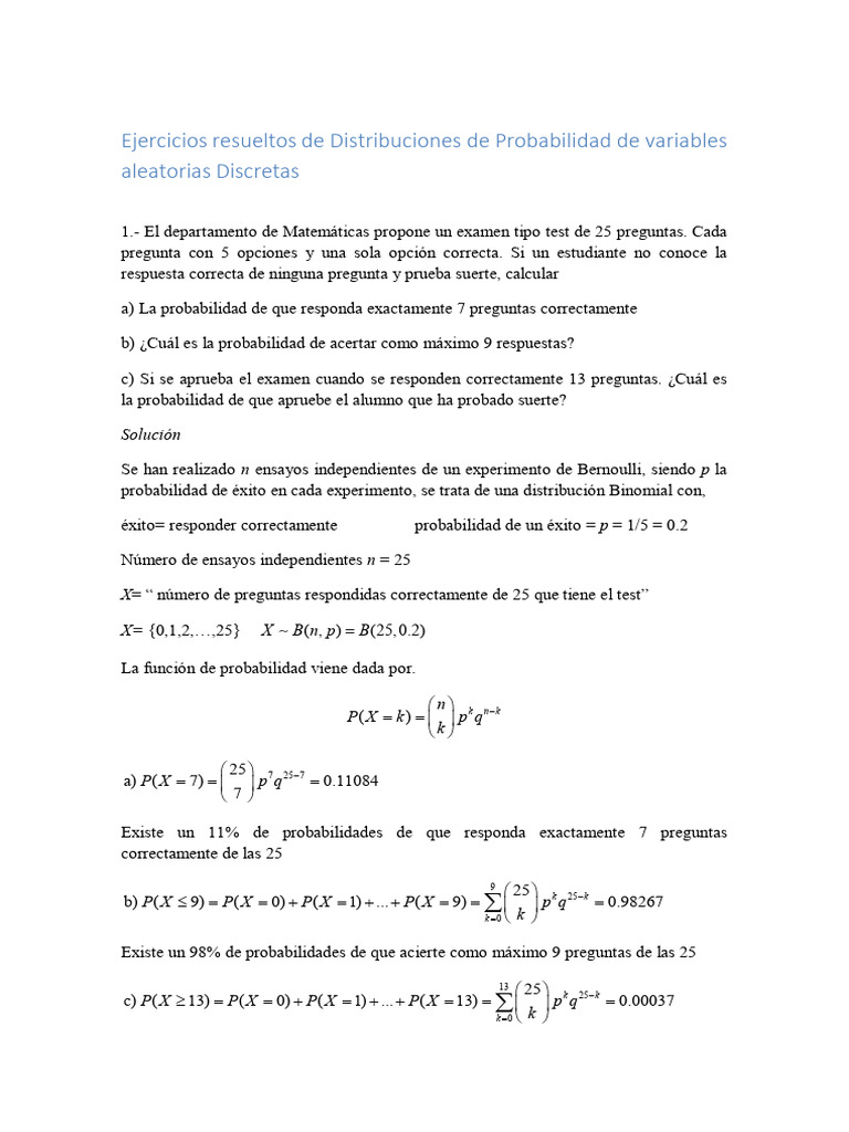 Ejercicios Resueltos Distrib Va Discretas | PDF | Probabilidad | Distribución de veneno