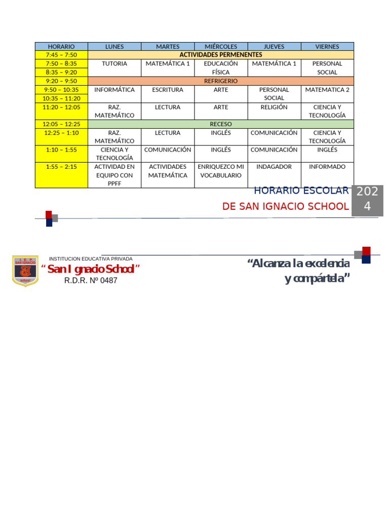 Horario Escolar San Ignacio 2024 | PDF