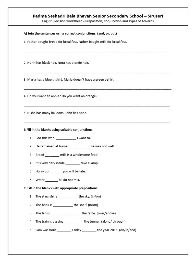 English Revision: Prepositions & Conjunctions | PDF | Adverb | Language ...