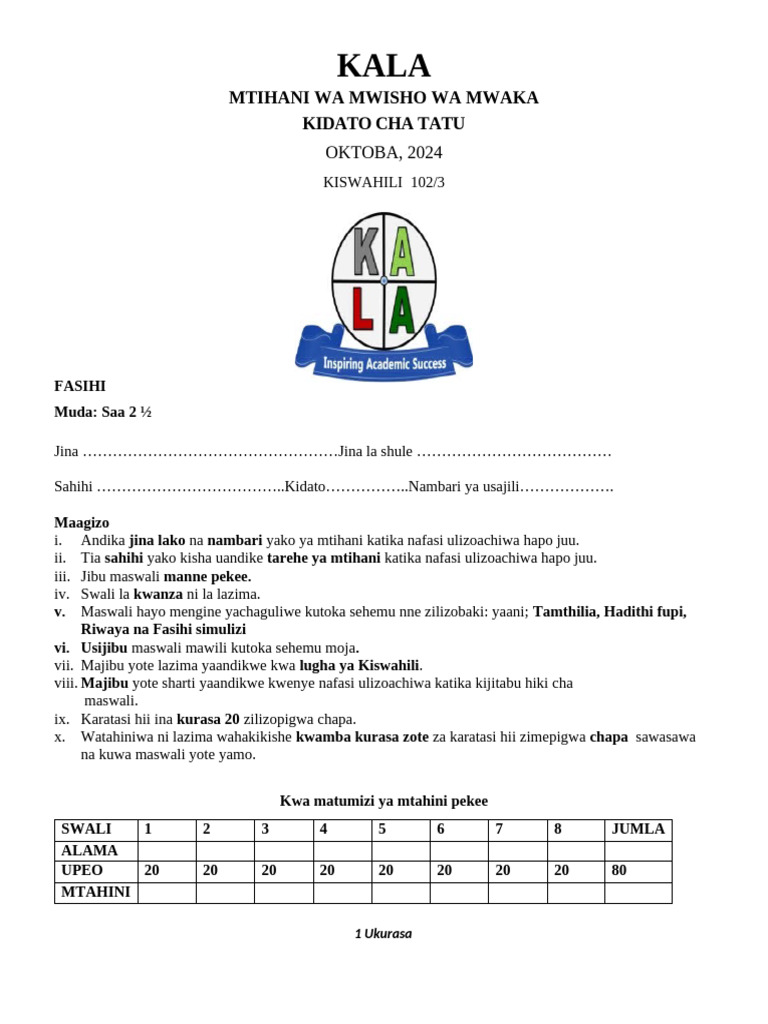 KALa-PP3 FORM KISWAHILI | PDF