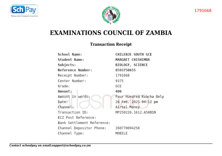 SchoolPay Transaction Receipt for GCE Exam | PDF