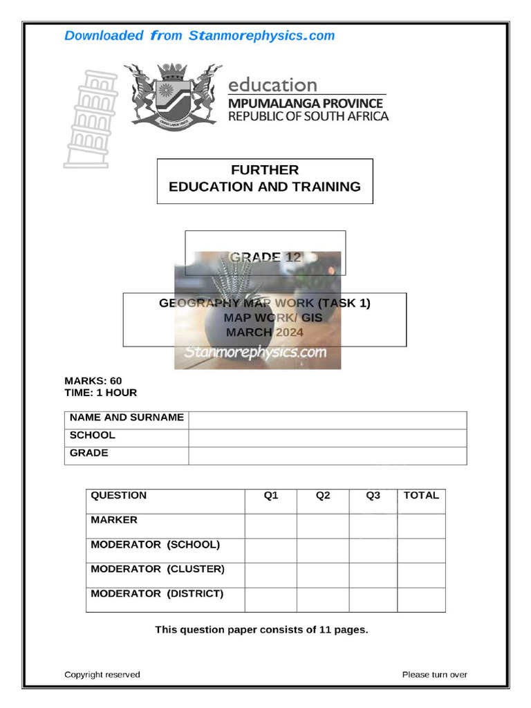 MP Geography Grade 12 MAPWORK TASK 1 March 2024 QP Only | PDF