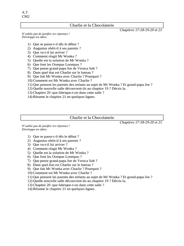 Analyse des chapitres 17 à 21 de Charlie | PDF