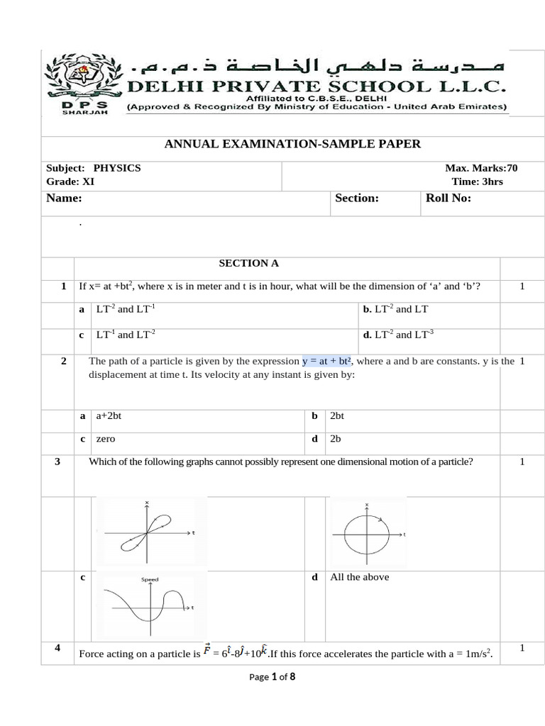 Physics XI Annual Exam Sample Paper | PDF | Force | Momentum