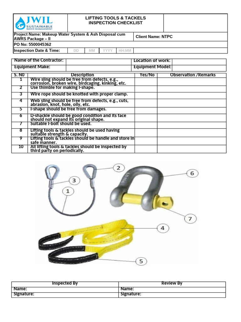 Lifting Tools & Tackles Inspection Checklist | PDF
