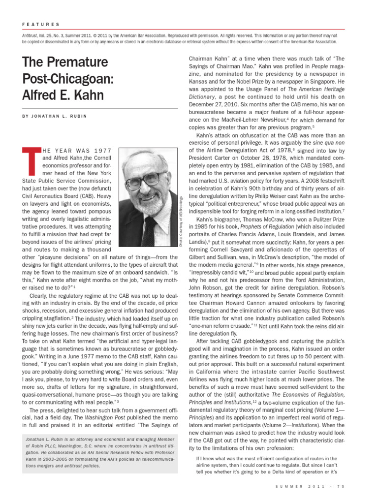 The Premature Post-Chicagoan Alfred E Kahn | PDF | Deregulation | Monopoly