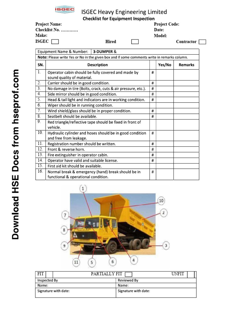Inspection Checklist of Dumper | PDF